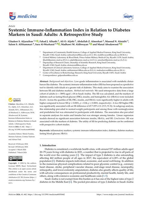 Pdf Systemic Immune Inflammation Index In Relation To Diabetes Markers In Saudi Adults A