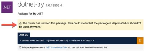 tell users microsoft dotnet try package is the replacement for dotnet