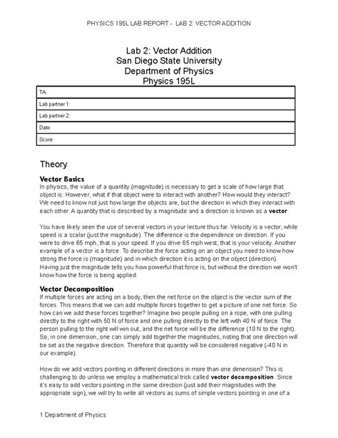 PHYS L Vector Addition Lab PHYSICS L LAB REPORT LAB VECTOR ADDITION Lab Vector