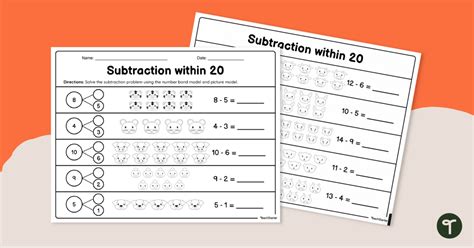 Subtraction Within 20 Number Bond Worksheet Teach Starter