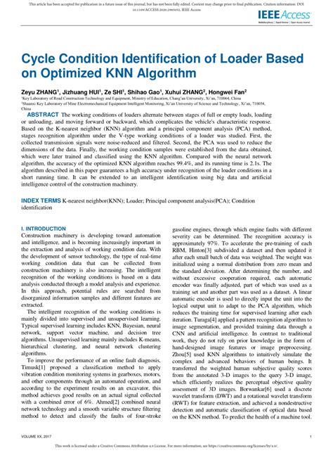 Pdf Cycle Condition Identification Of Loader Based On Optimized Knn Algorithm