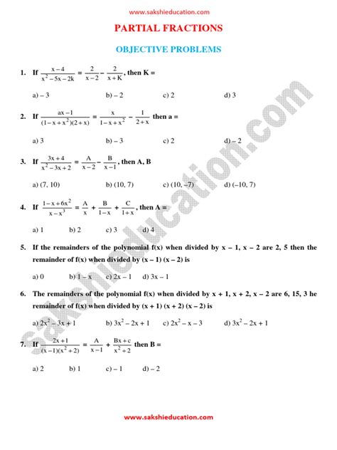 Partial Fractions Objective Questions Pdf Algebra Abstract Algebra