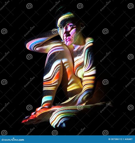 Projection With Colored Stripes From Beamer On Naked Woman In Studio Stock Photo Image Of