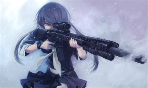 Original Characters Blonde Short Hair Bangs Women With Guns Anime Anime