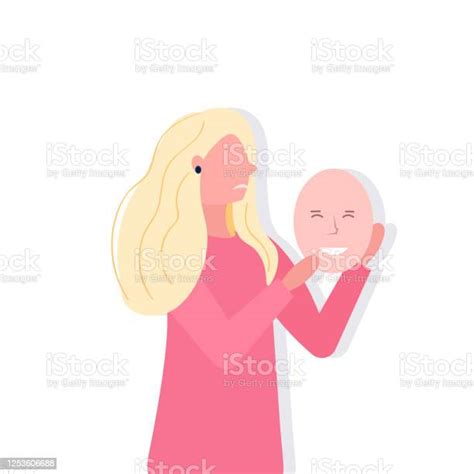 마스크 가짜 느낌 우울증 뒤에 얼굴 감정을 덮고 긍정적 인 마스크 소녀를 들고 우울한 여자 가공의 인물에 대한 스톡 벡터 아트