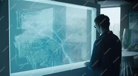 옅은 청록색과 연한 검은색으로 도시 계획을 보여주는 파란색 홀로그램 화면을 보고 있는 남자 Generative Ai Aig21 프리미엄 사진