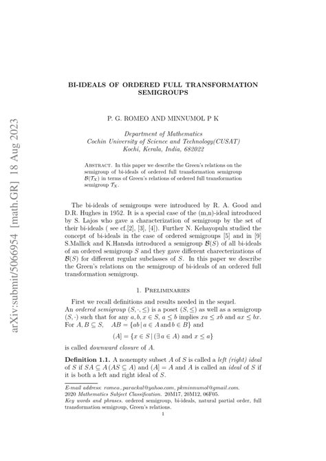 Pdf Bi Ideals Of Ordered Full Transformation Semigroups
