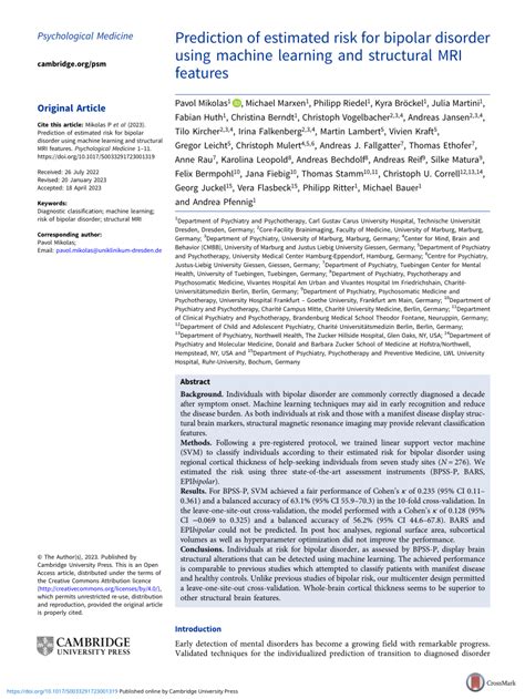 Pdf Prediction Of Estimated Risk For Bipolar Disorder Using Machine Learning And Structural