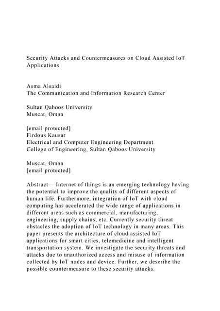 Security Attacks And Countermeasures On Cloud Assisted Iot Appdocx