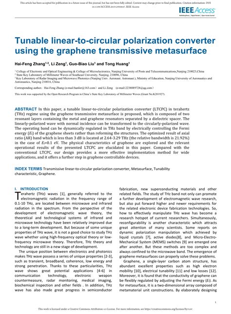 Pdf Tunable Linear To Circular Polarization Converter Using The Graphene Transmissive Metasurface