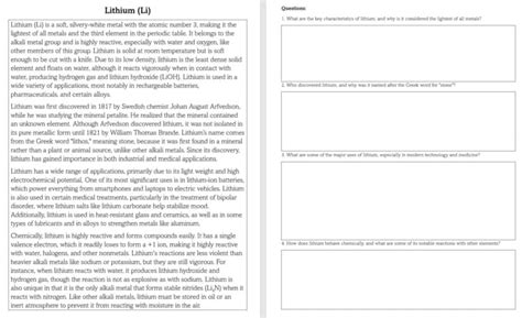 Periodic Table Elements Lithium Li 4 Paragraph Reading Questions Alkali