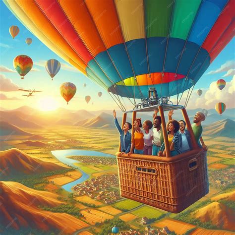 A Poster With A Group Of People Riding A Hot Air Balloon Premium Ai