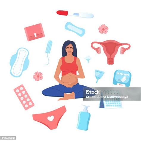 여자의 건강 개념 임신 월경 기간 여성 자궁 생식 기관 임산부 임신 테스트기 탐폰 달력 자궁 패드 생리컵 바지 벡터 그림입니다