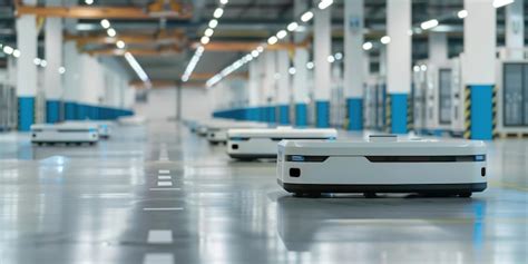 Autonomous Robots Navigate Modern Warehouse Floor Premium Ai