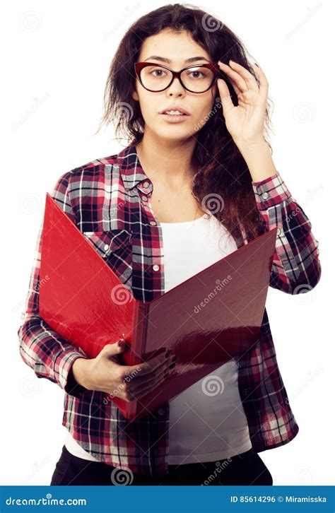 Nerd Girl In Glasses And With Brackets On Teeth Positive Excel Stock