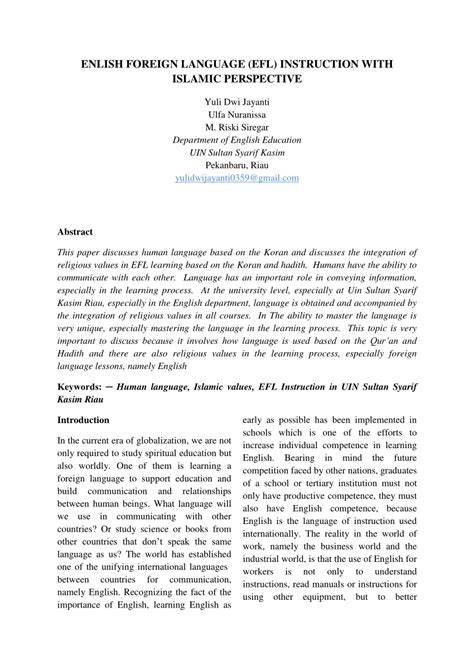 Pdf Enlish Foreign Language Efl Instruction With Islamic Perspective