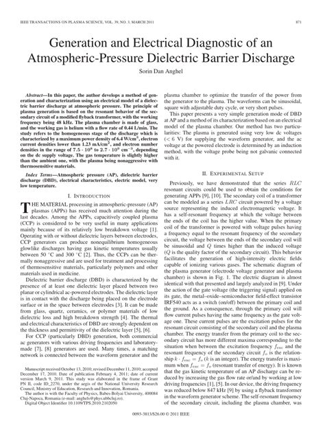 Pdf Generation And Electrical Diagnostic Of An Atmospheric Pressure Dielectric Barrier Discharge