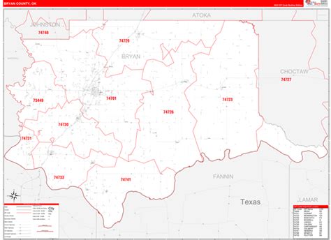 Bryan County Ok Zip Code Wall Map Red Line Style By Marketmaps Mapsales
