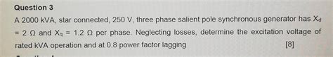Solved A 2000kVA Star Connected 250 V Three Phase Salient Chegg Com
