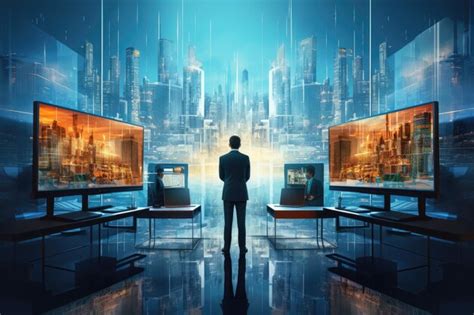 Premium Photo Two Business Man Standing Near Computers In The Style Of Cityscape Abstraction