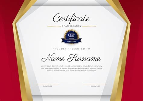 배지 디자인이 있는 빨간색과 금색 다목적 인증서 테두리가 있는 고급 감사 템플릿 우아한 빨간색과 금색 졸업장 인증서 템플릿 프리미엄 벡터