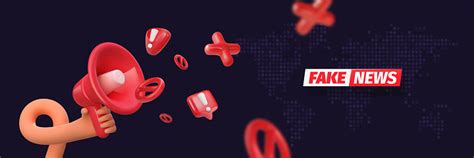가짜 뉴스 벡터 그림입니다 거짓 뉴스에 대한 주의 경고 어두운 배경에 배너 나쁜 소식의 금지 빨간 확성기를 들고 있는 인간의 손과 날아다니는 주의 아이콘 3차원 형태에 대한