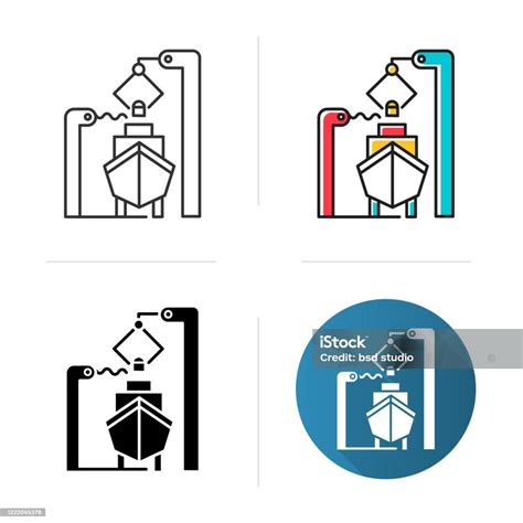 조선 산업 아이콘입니다 보트 기계 유지 보수 선박 고정 및 수리 해상 차량 기술 건설 플랫 디자인 선형 및 색상 스타일 격리된 벡터 일러스트레이션 조선소에 대한 스톡 벡터