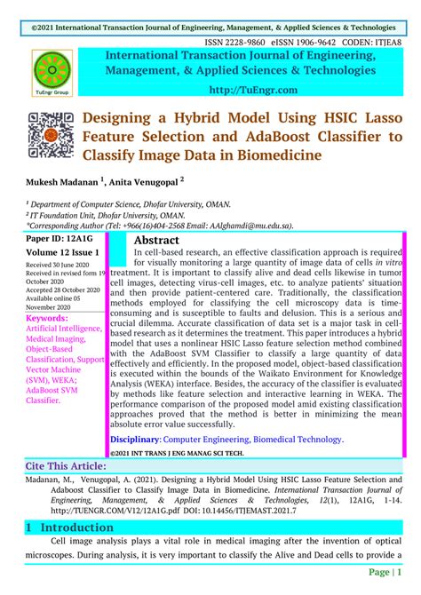 Pdf Designing A Hybrid Model Using Hsic Lasso Feature Selection And Adaboost Classifier To