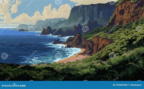 16 Bit Art Scene Lowlands Of Na Pali Coast In Hawaii Royalty Free