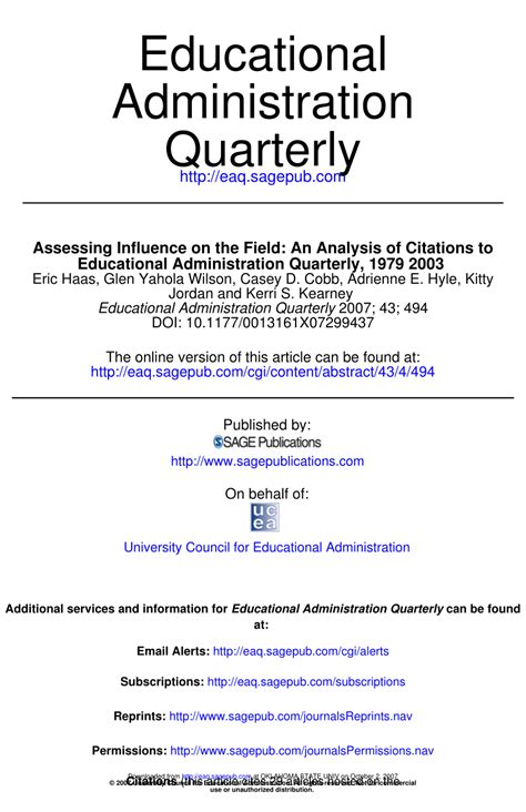 Pdf Assessing Influence On The Field An Analysis Of Citations To Educational Administration