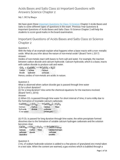 acids bases and salts class 10 important questions with answers science chapter 2 pdf