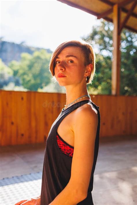 The Girl Is Doing Yoga Young Athletic Woman Trainer Practicing Yoga