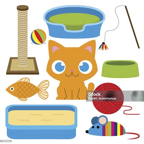Cartoon Adorable Cat With Different Toys And Elements Stock