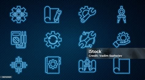 엔지니어링을 위한 라인 그래프 용지 손 설정 렌치 스패너 기어 기어 화살표를 워크플로우 멀티미터 프로세서 및 연필 아이콘으로