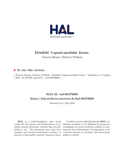 Pdf Drinfeld A Quasi Modular Forms