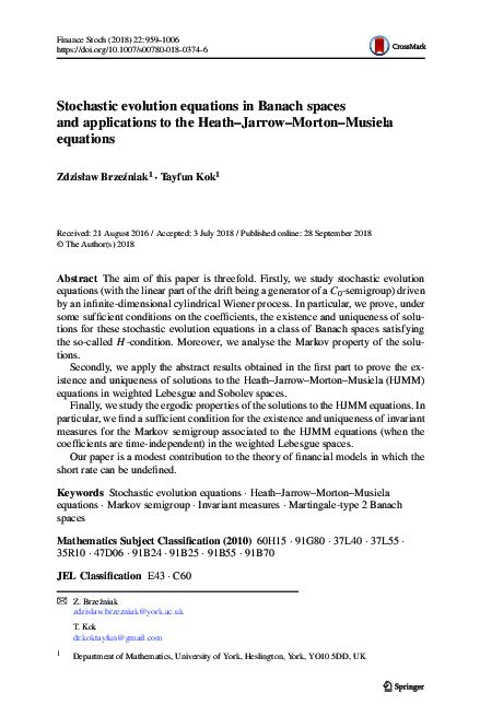 Pdf Stochastic Evolution In Banach Spaces And Hjmm