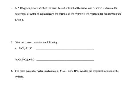Solved 2 A 2 815 G Sample Of Cuso4∙xh2o Was Heated Until