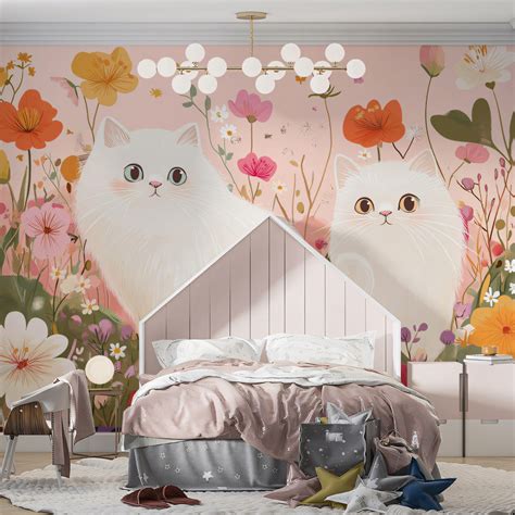 Floral Cats Mural Wallpaper — Vivawalls Murals Wallpaper