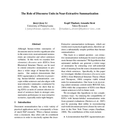 The Role Of Discourse Units In Near Extractive Summarization Acl Anthology