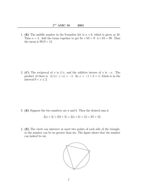 2001 Amc 10 Solutions Pdf Discrete Mathematics Geometry