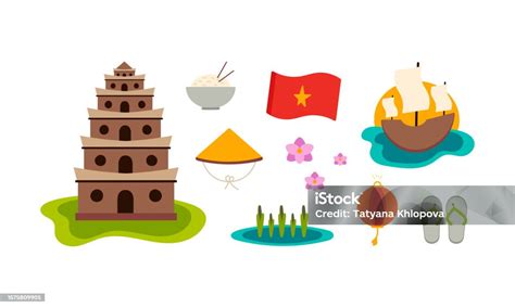 베트남의 상징으로 설정합니다 국수 탑 깃발 백합 랜턴 쌀 보트 슬리퍼 아시아 모자 흰색 배경에 벡터 그림입니다 0명에 대한 스톡 벡터 아트 및 기타 이미지 Istock