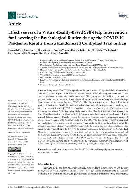 Pdf Effectiveness Of A Virtual Reality Based Self Help Intervention For Lowering The