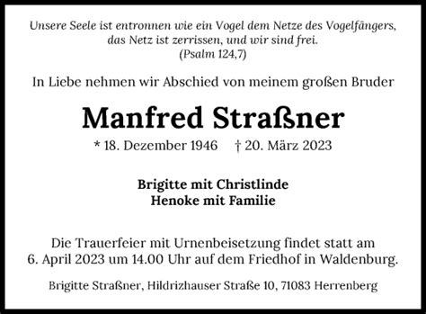 Traueranzeigen Von Manfred Straßner Trauerundgedenkende