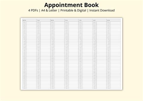 Appointment Book 15 Minute Increment Weekly Planner Template 7 Day Schedule Appointment Diary
