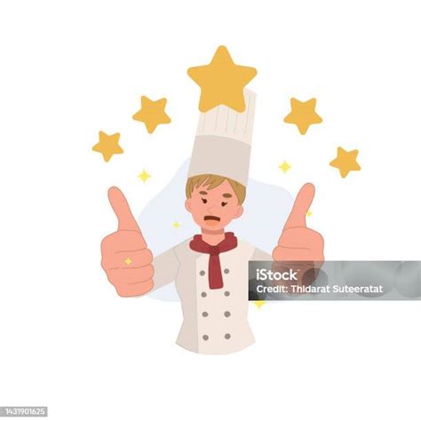 미소 짓는 여성 요리사 또는 빵 굽는 사람은 엄지 손가락으로 별 다섯 개 벡터 만화 일러스트 레이 션 고급에 대한 스톡 벡터 아트 및 기타 이미지 Istock