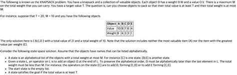 Solved The Following Is Known As The KNAPSACK Problem You Chegg
