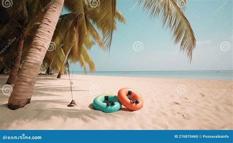 An Inflatable Swim Lap Against A Backdrop Of A Beach With Sand Palm Trees And The Ocean Tourist