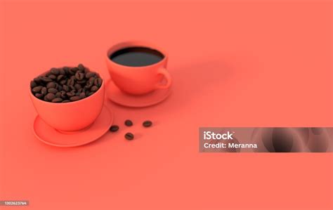 커피 한 잔과 사실적인 커피 콩 3d 렌더링 배경 커피 콩의 질량을 닫습니다 파스텔 색상 갈색에 대한 스톡 사진 및 기타 이미지 Istock