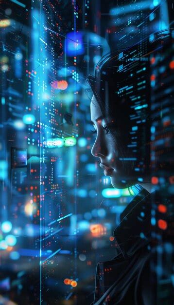 Futuristic Female Trader Engaged In Ai Code And Cybersecurity Amidst Holographic Night