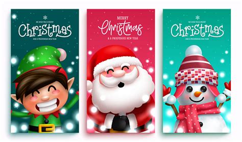 크리스마스 캐릭터 인사말 벡터 포스터 세트 산타 클로스 눈사람 및 엘프 크리스마스 문자 메시지를위한 귀여운 문자가있는 메리